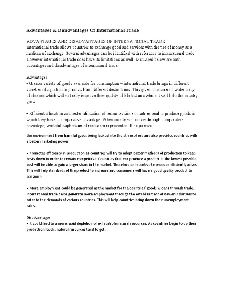 Advantages & Disadvantages of International Trade | PDF | International ...