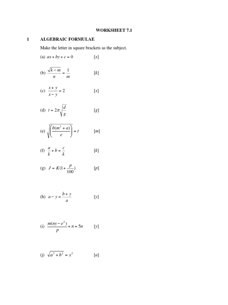 Make The Letter in Square Brackets As The Subject. (A) (X) : Worksheet ...