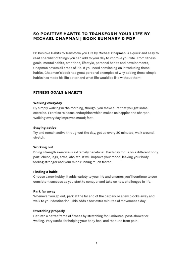 50 Positive Habits To Transform Your Life By Michael Chapman Book