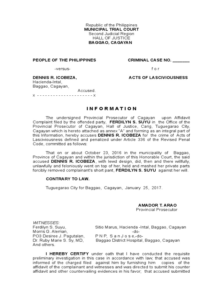 Information Sample Acts of Lasciviousness Mashing of Private Parts ...