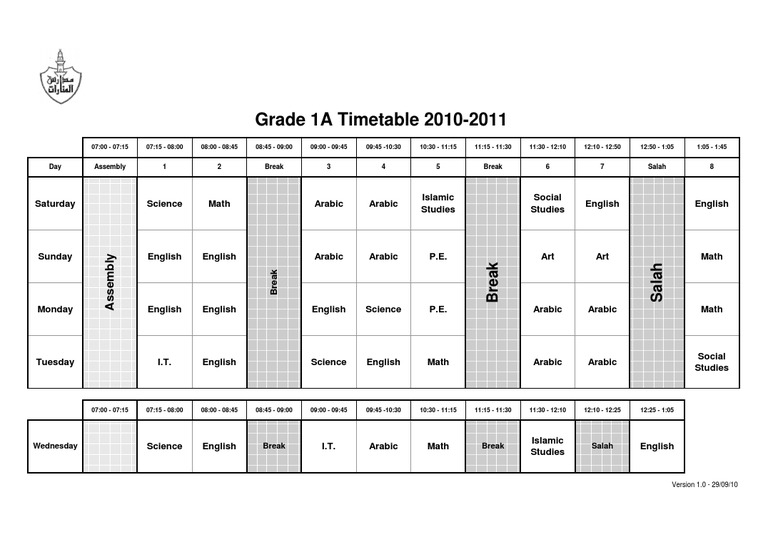 Grade 1A Timetable v1.0 | PDF