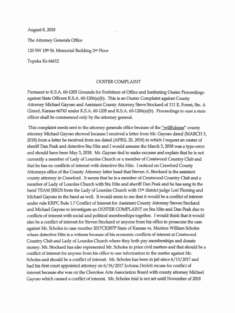 Ouster Complaint Against Crawford County Kansas County Attorney Michael ...