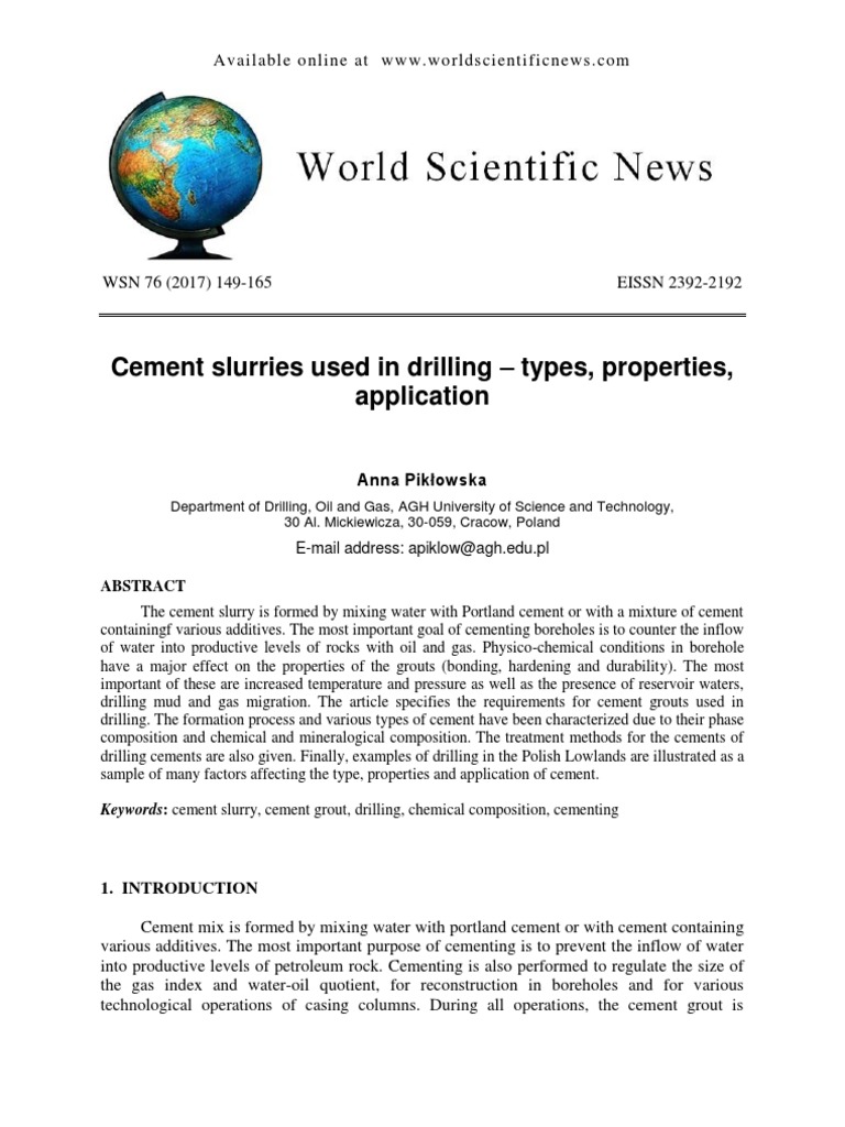 Cement Slurries Used in Drilling - Types, Properties, Application | PDF ...