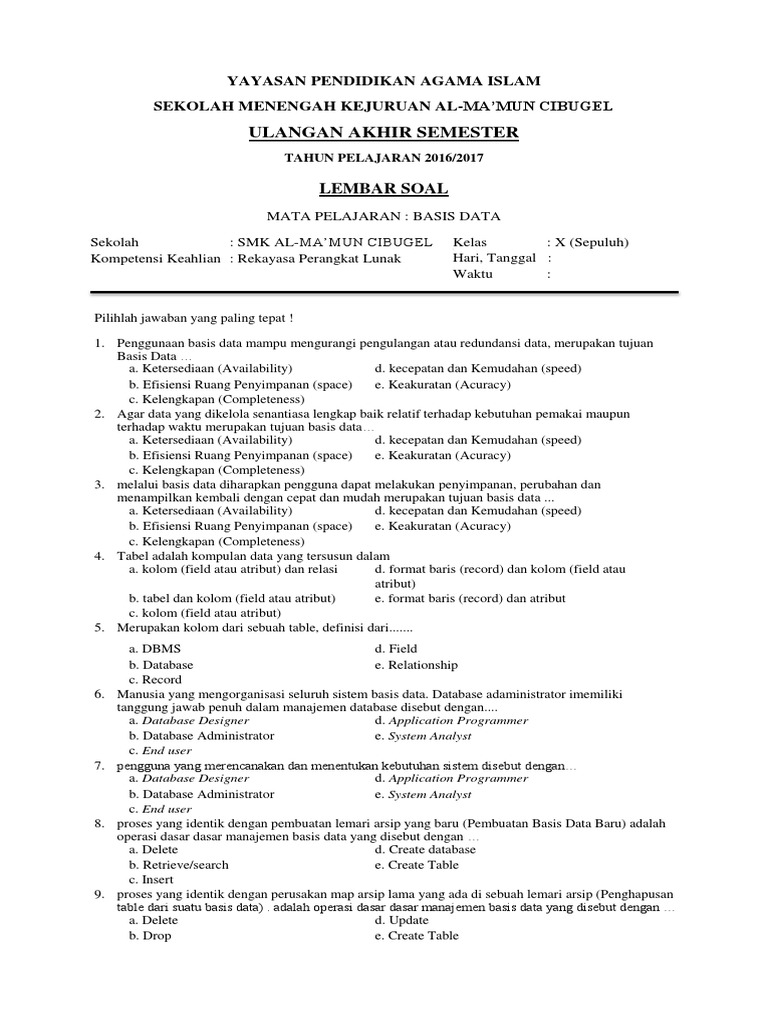 Uas Basis Data Kelas X | PDF