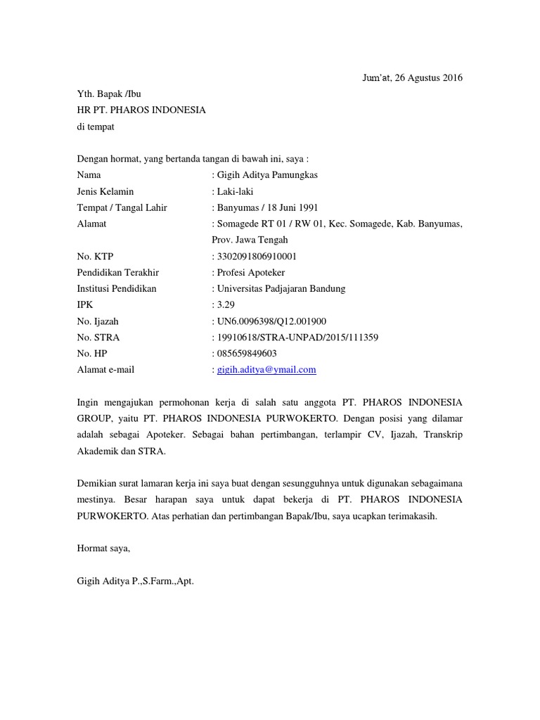 Surat Lamaran PT. Pharos Indonesia Purwokerto | PDF