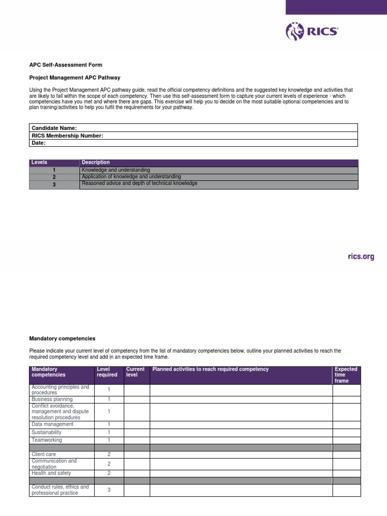 APC Self-Assessment Form Project Management APC Pathway: Levels ...