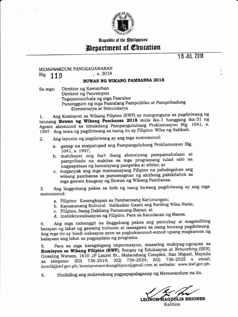 DepEd Memo. No. 119 S. 2018 Buwan NG Wika | PDF