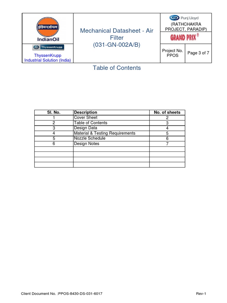 Mechanical Data Sheet - Air Filter (031-GN-002AB) | PDF | Filtration ...