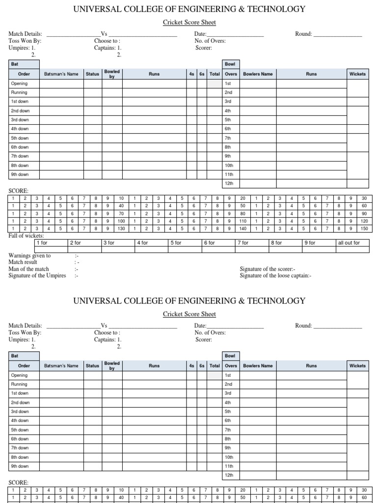 Cricket Score Sheet | PDF | Cricket | Bowling (Cricket)