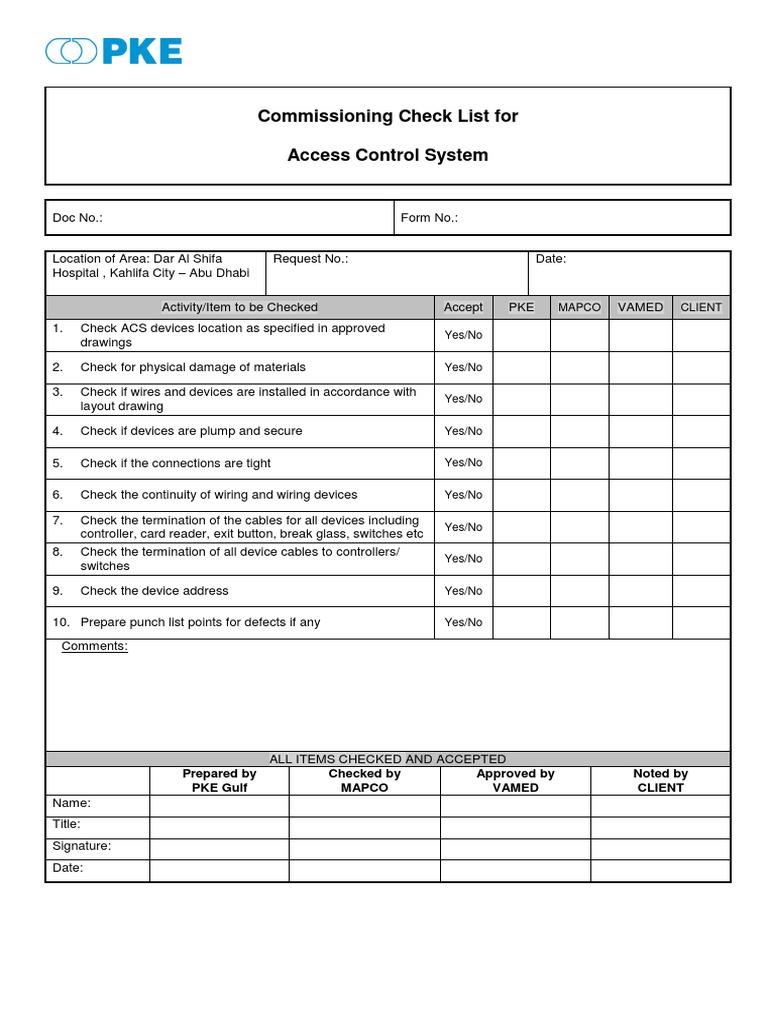 Commissioning Check List For Access Control System: Mapco Client Yes/No ...