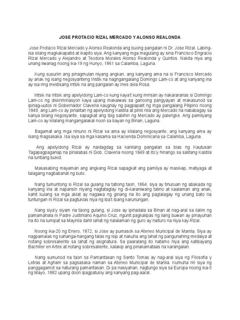 Jose Protacio Rizal Mercado y Alonso Realonda | PDF