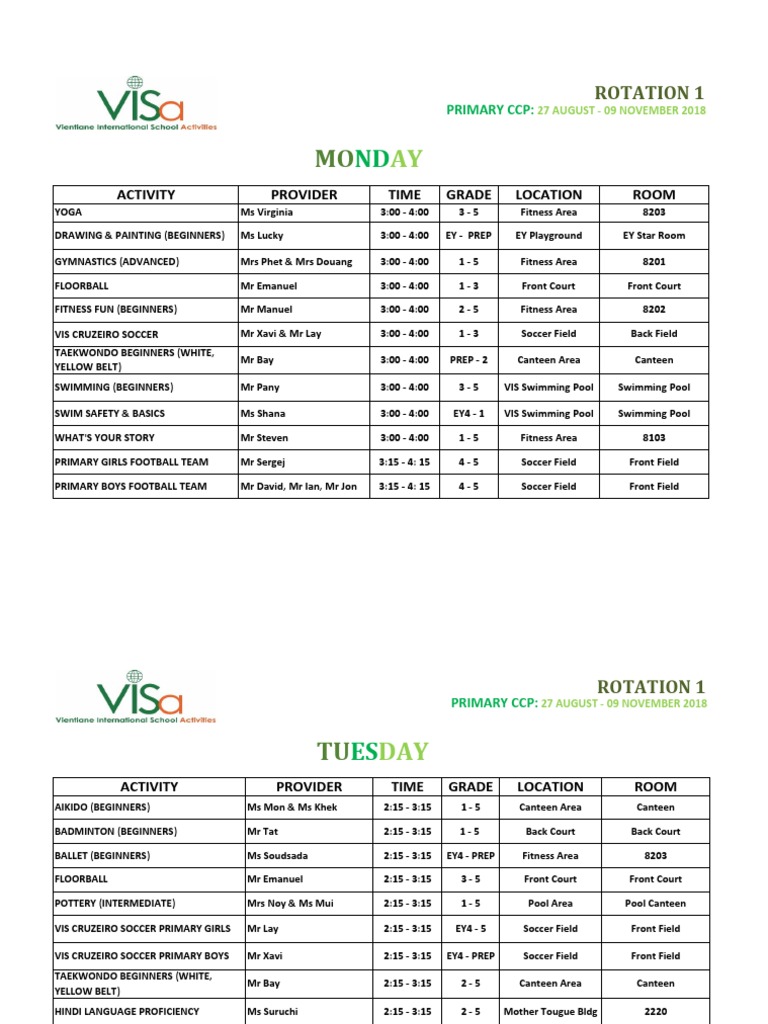 After-School Activity Schedule 2018 | PDF | Hobbies | Sports