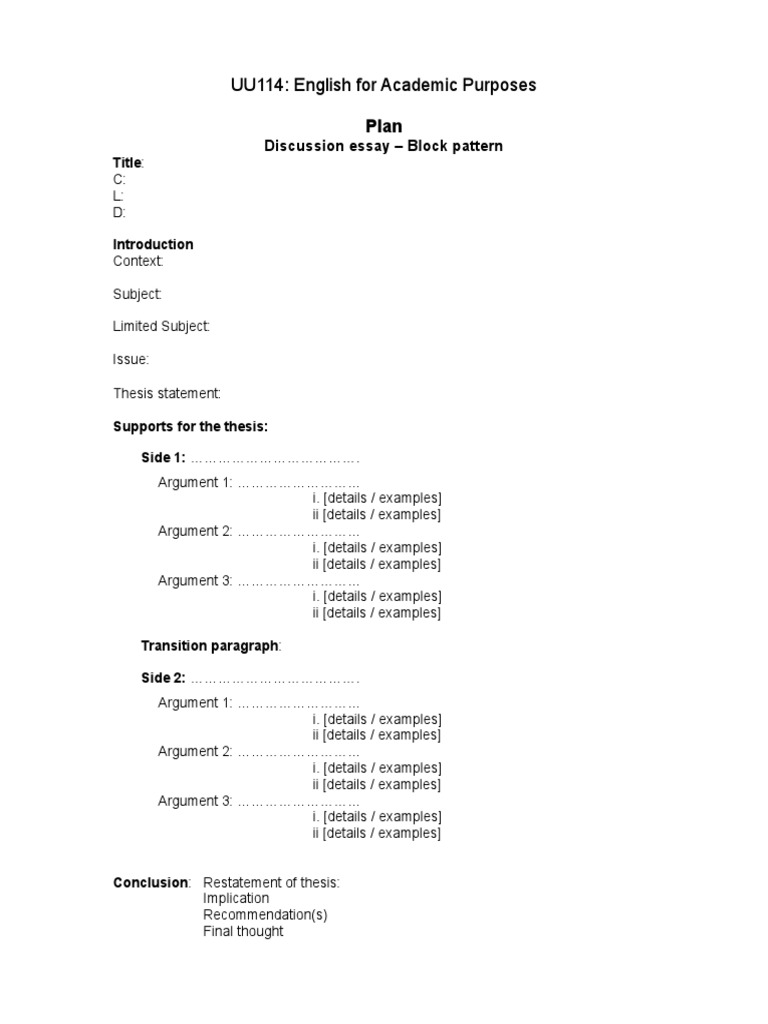 UU114: English For Academic Purposes: Discussion Essay - Block Pattern ...