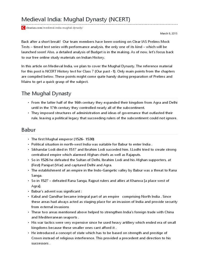 26 Medieval India Mughal Dynasty (NCERT) PDF | PDF | Mughal Empire | South Asia