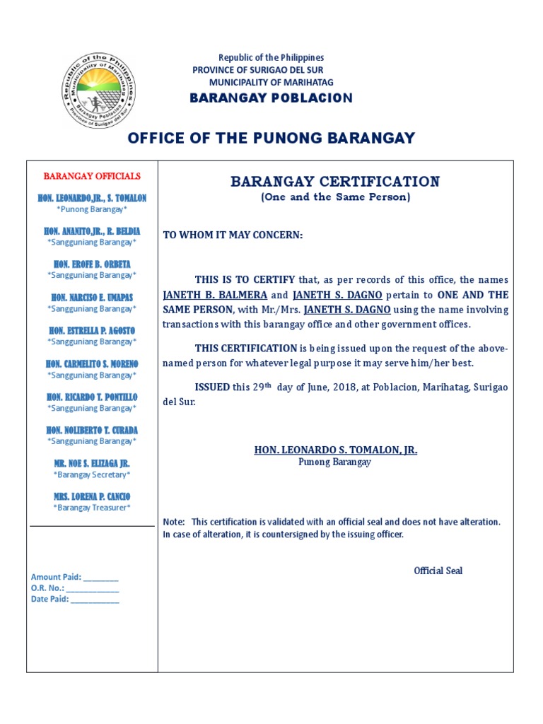 Barangay Cert One and The Same Person | PDF | Social Institutions | Social Science