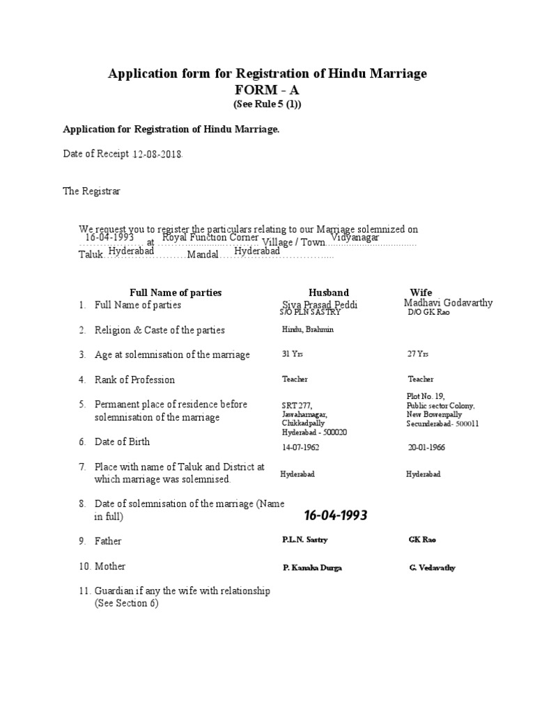 Registration of a Hindu Marriage: Application Form for Siva Prasad ...