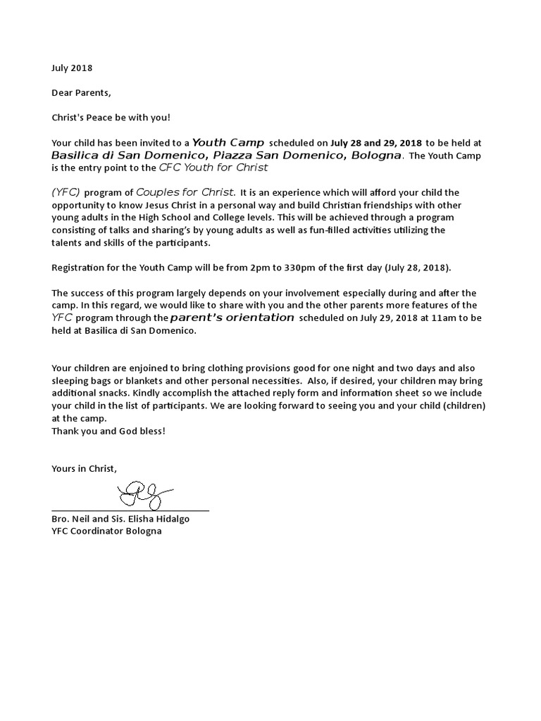 YFC Camp Invitation Letter | PDF