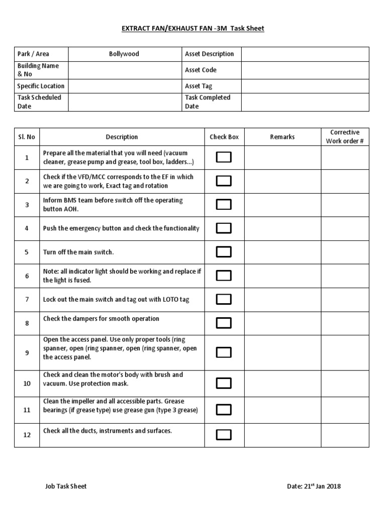 Extract Fan/Exhaust Fan - 3M Task Sheet | PDF | Manufactured Goods ...