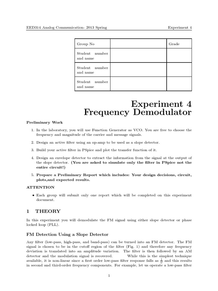 Experiment 4 - FM Demodulation PDF | PDF | Detector (Radio) | Frequency ...