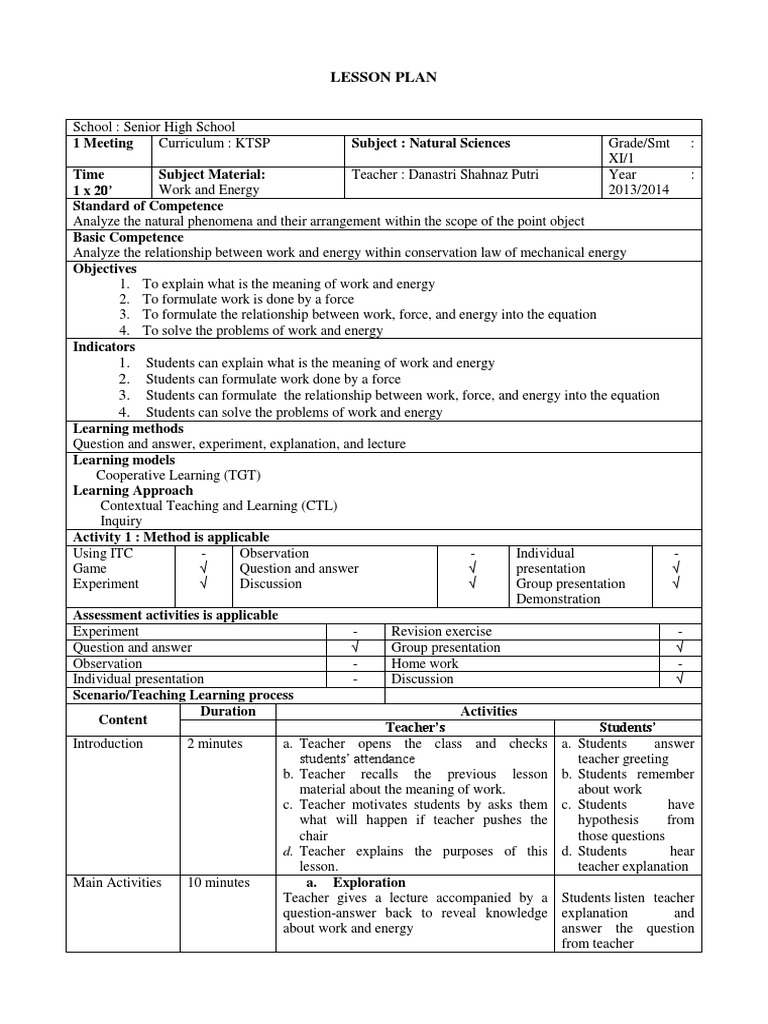 Work and Energy Lesson Plan PDF | PDF | Teachers | Experiment