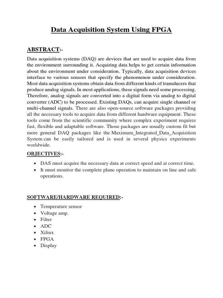 Data Acquisition System Using FPGA: Objectives | PDF | Data Acquisition | Analog To Digital ...