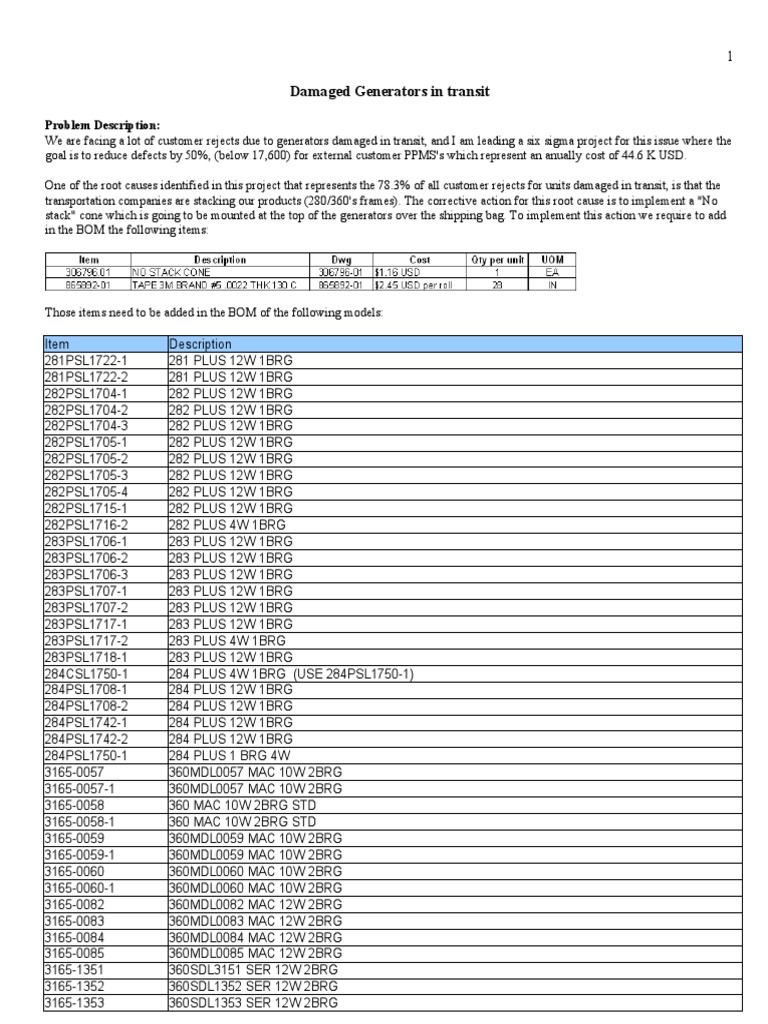 Reducing Generator Damage in Transit | PDF | Six Sigma | Manufactured Goods