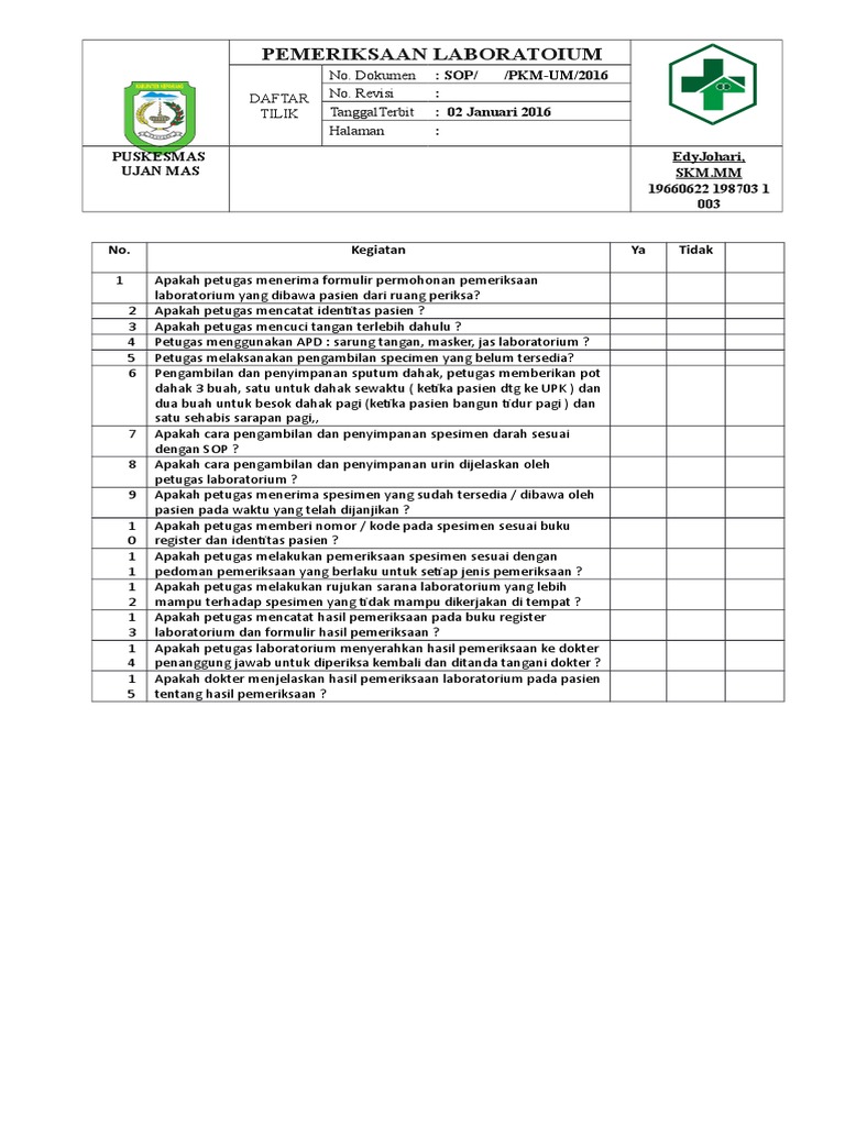 Daftar Tilik Pemeriksaan Laboratorium | PDF