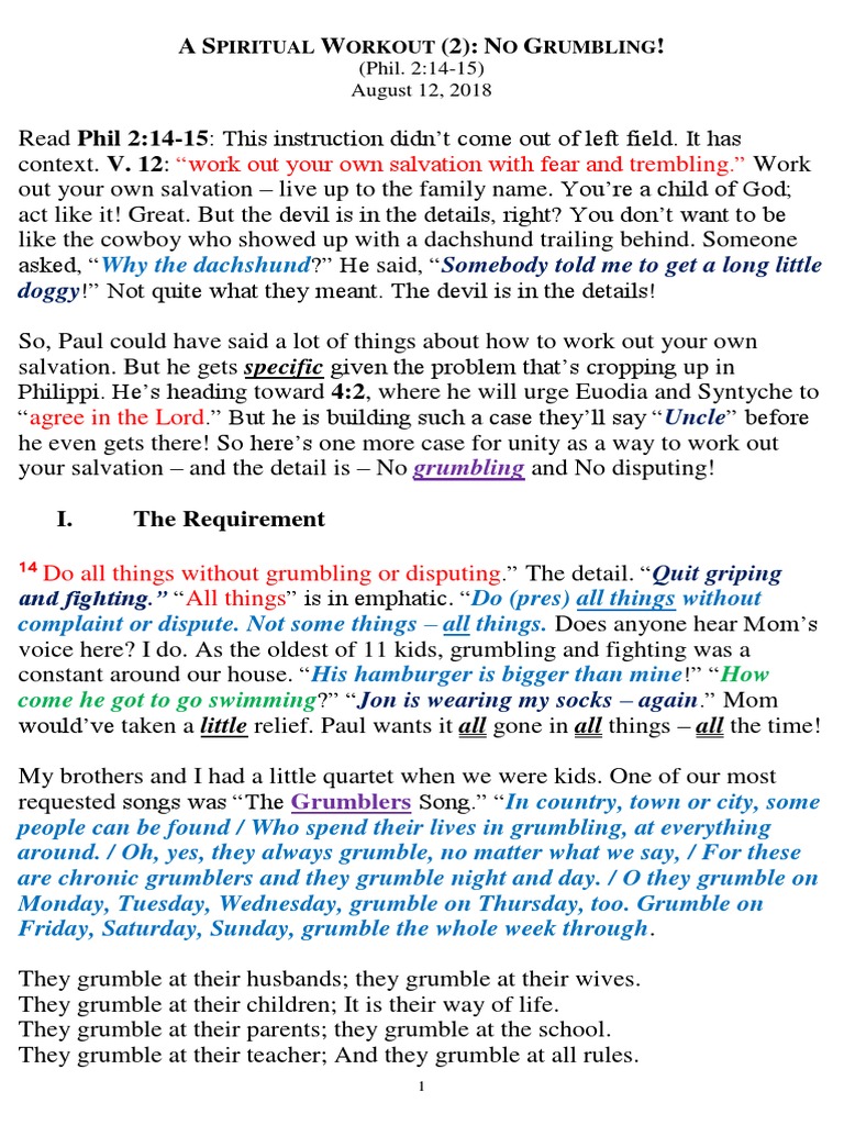 Phil 02-14-15 A Spiritual Workout (2) - No Grumbling | PDF | Aaron | Moses