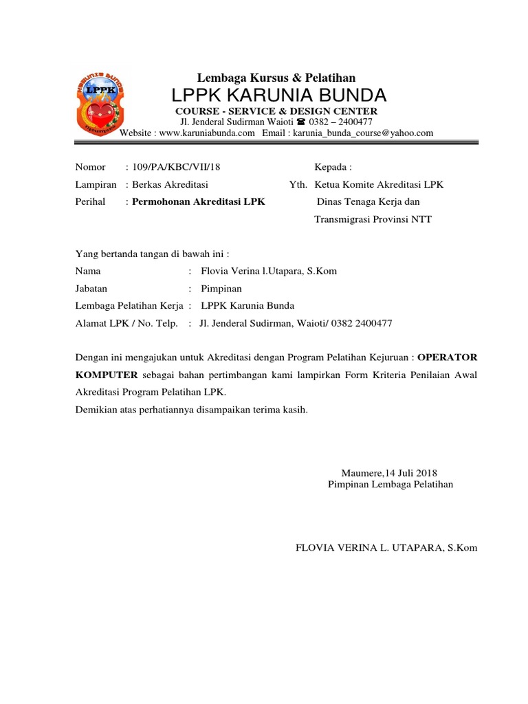 Surat Permohonan Akreditasi LA LPK | PDF