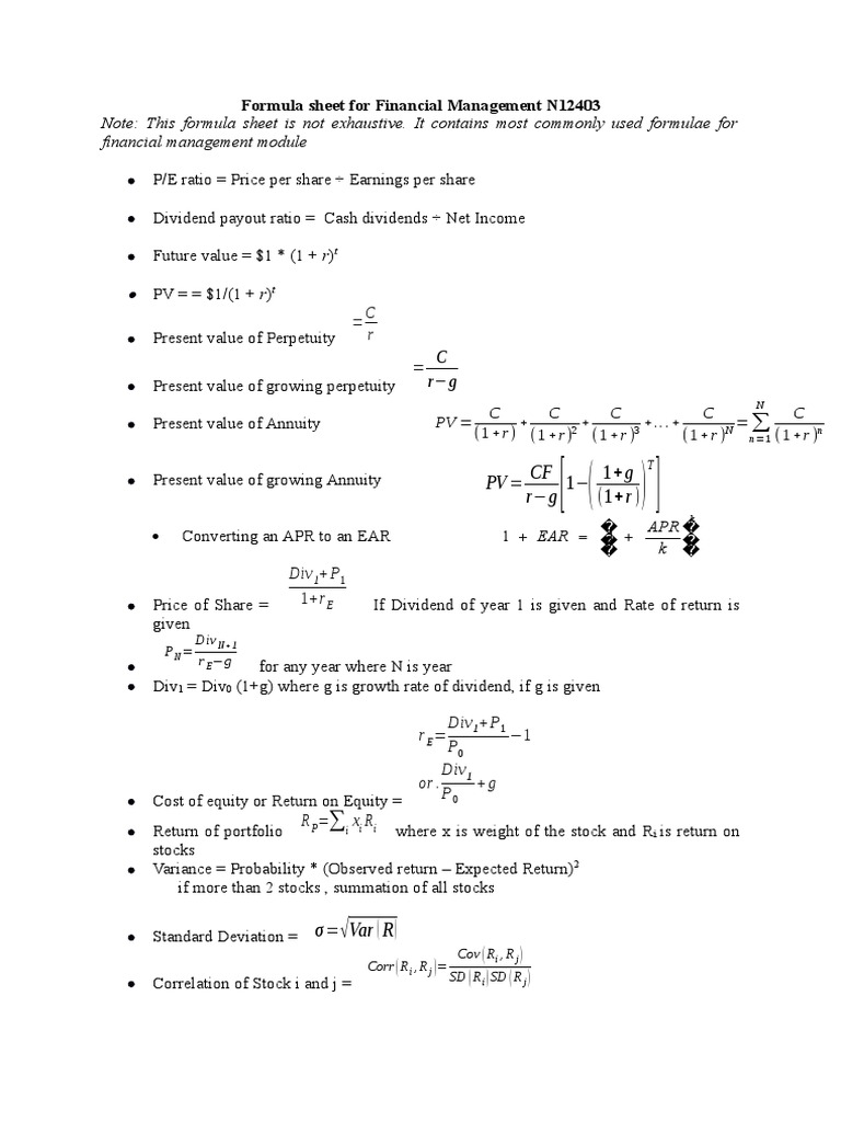 Formula Sheet FM | Present Value | Beta (Finance)