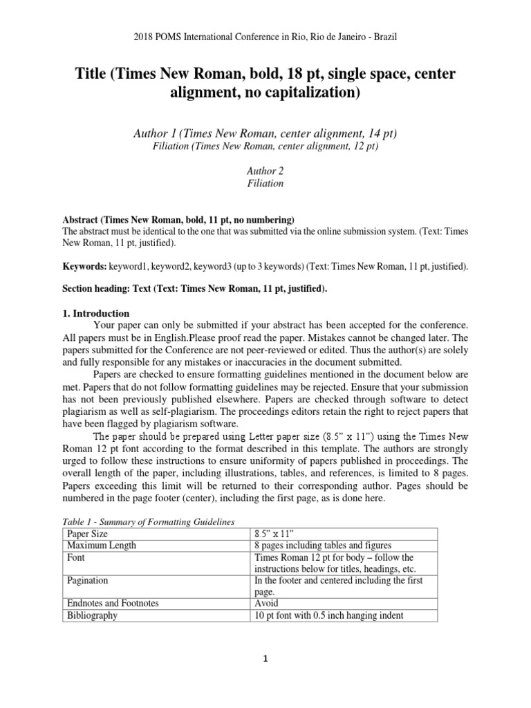 Title (Times New Roman, Bold, 18 PT, Single Space, Center Alignment, No ...