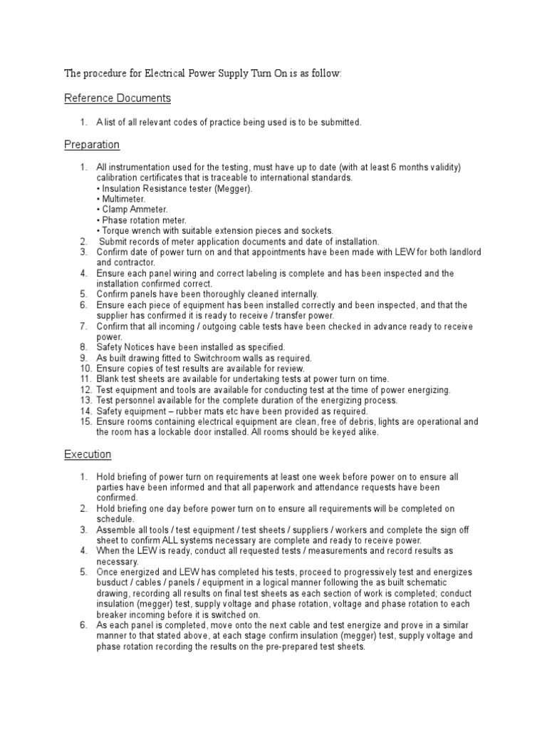 Method of Statement - Electrical Power Supply Turn on | Electrical ...