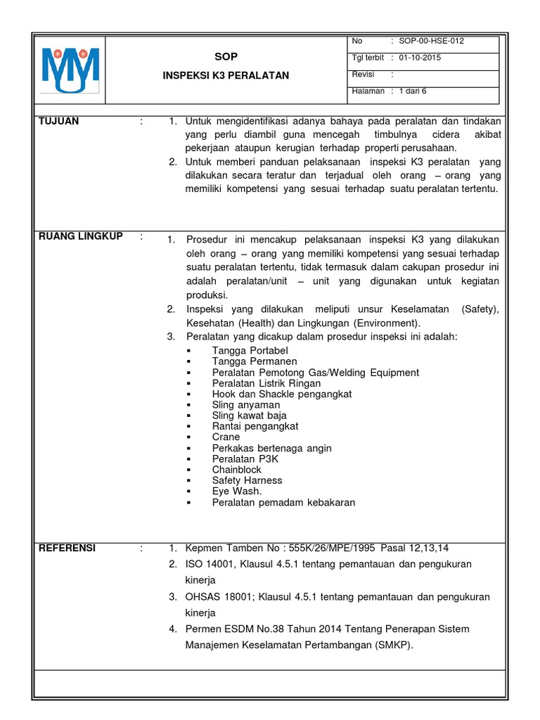 Sop 00 Hse 012 Inspeksi k3 Peralatan