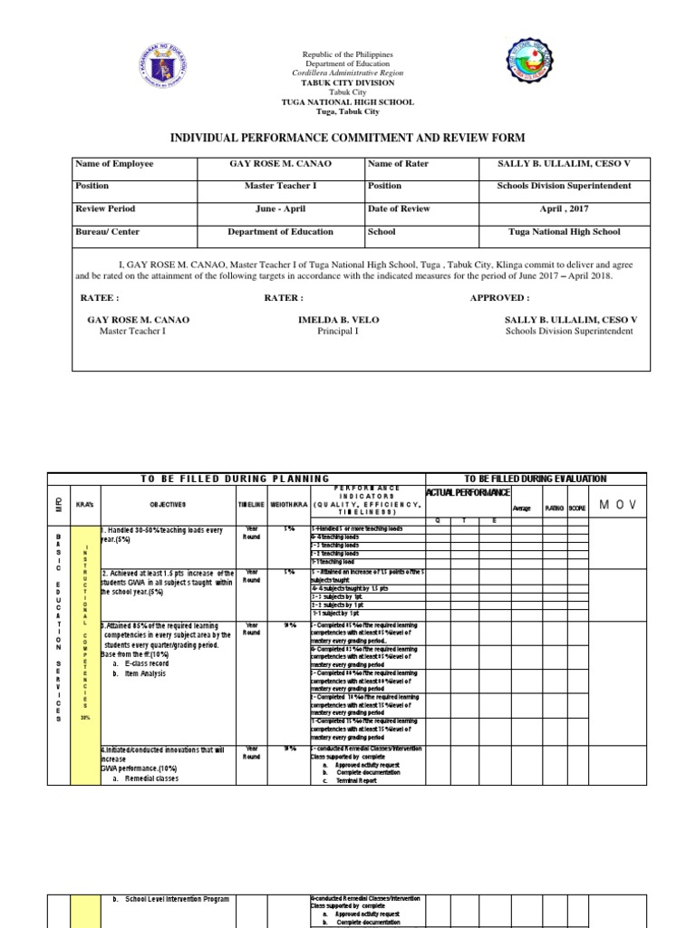 Individual Performance Commitment and Review Form: Tabuk City Division ...