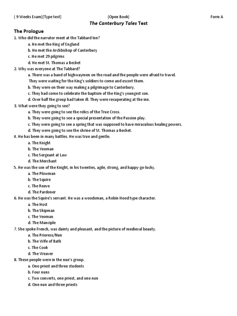 The Prologue: The Canterbury Tales Test | Download Free PDF | The ...