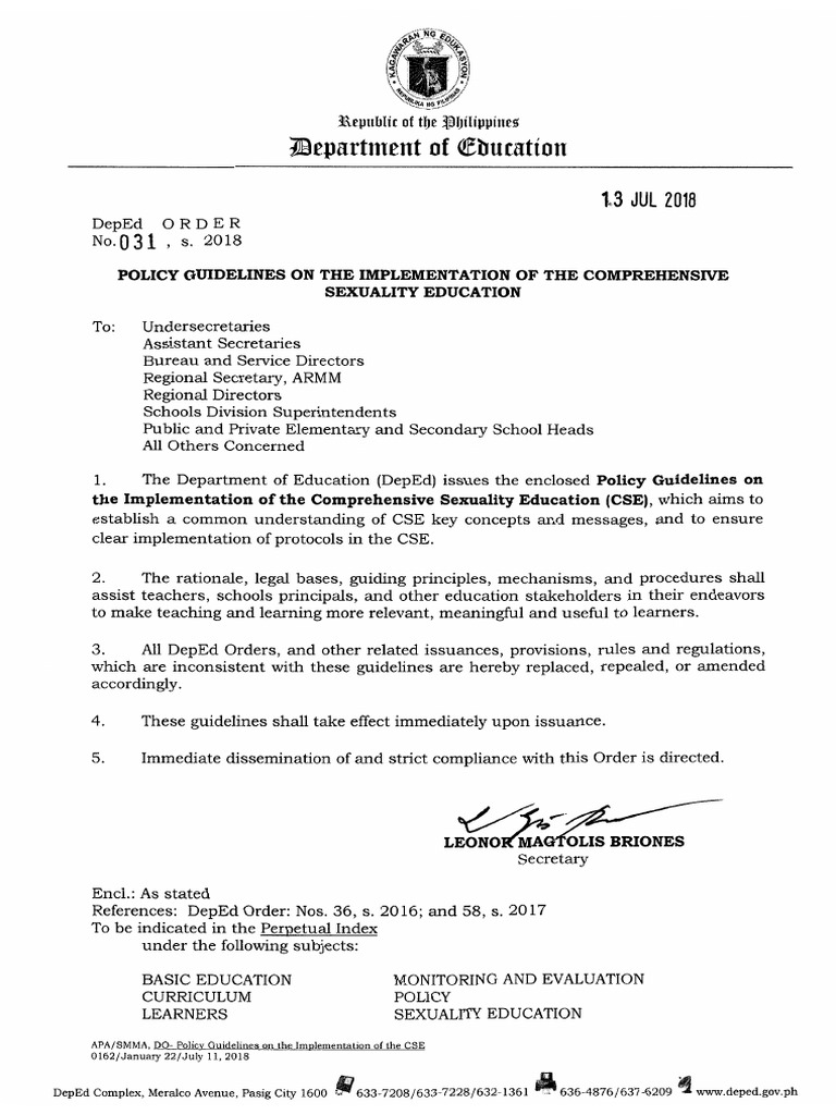 Deped 2018 Policy Guidelines On The Implementation Of Comprehensive Sexuality Education Pdf