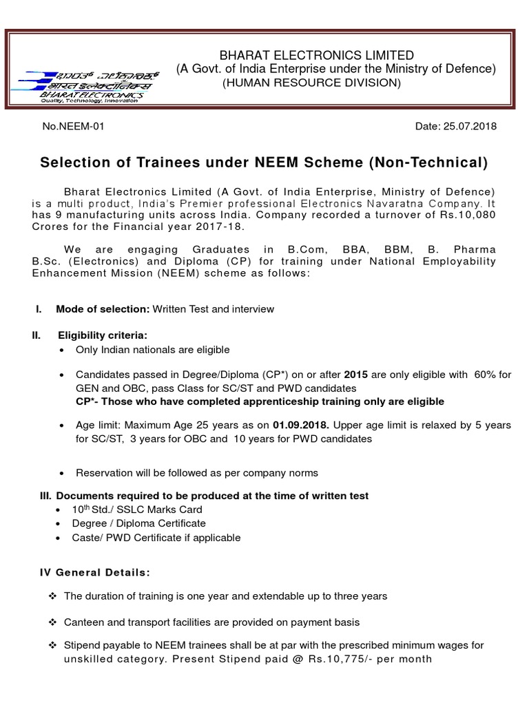 Selection of Trainees Under NEEM Scheme (Non-Technical) | PDF ...