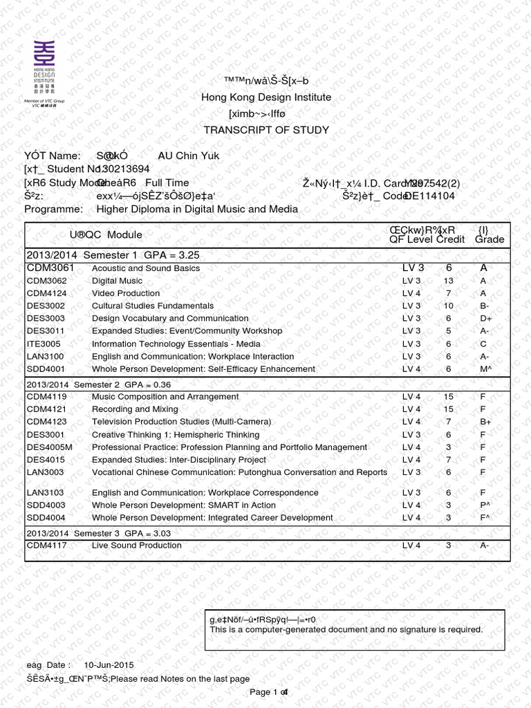 香港知專設計學院 Hong Kong Design Institute 學業成績證明書 Transcript Of Study | PDF ...