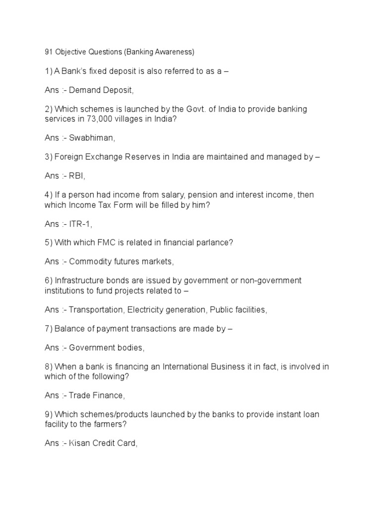91 Objective Questions (Banking Awareness) | PDF | Reserve Bank Of ...