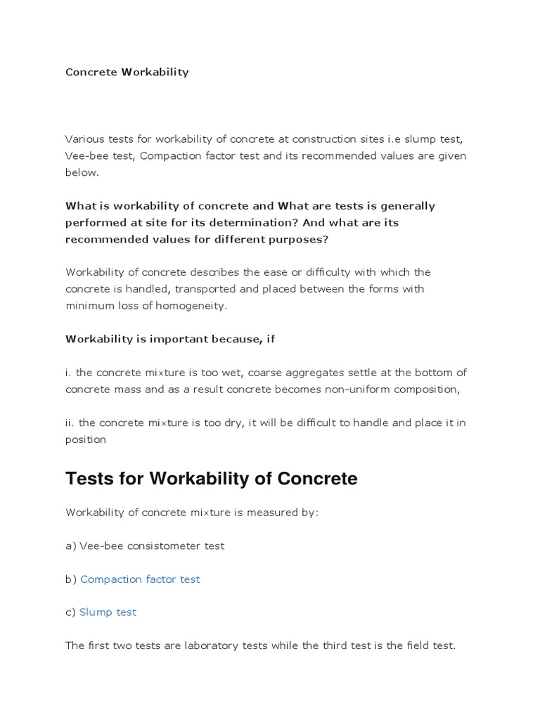 Tests For Workability of Concrete | PDF | Concrete | Engineering