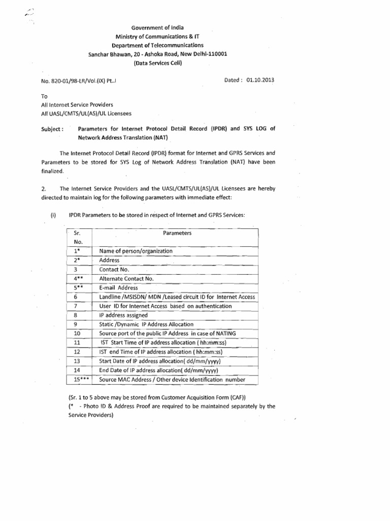 Parameters for Internet Protocol Detail Record (IPDR) and System Log of ...