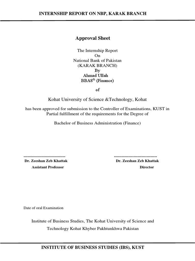 Approval Sheet: Internship Report On NBP, Karak Branch | PDF | Behavior Modification | Business
