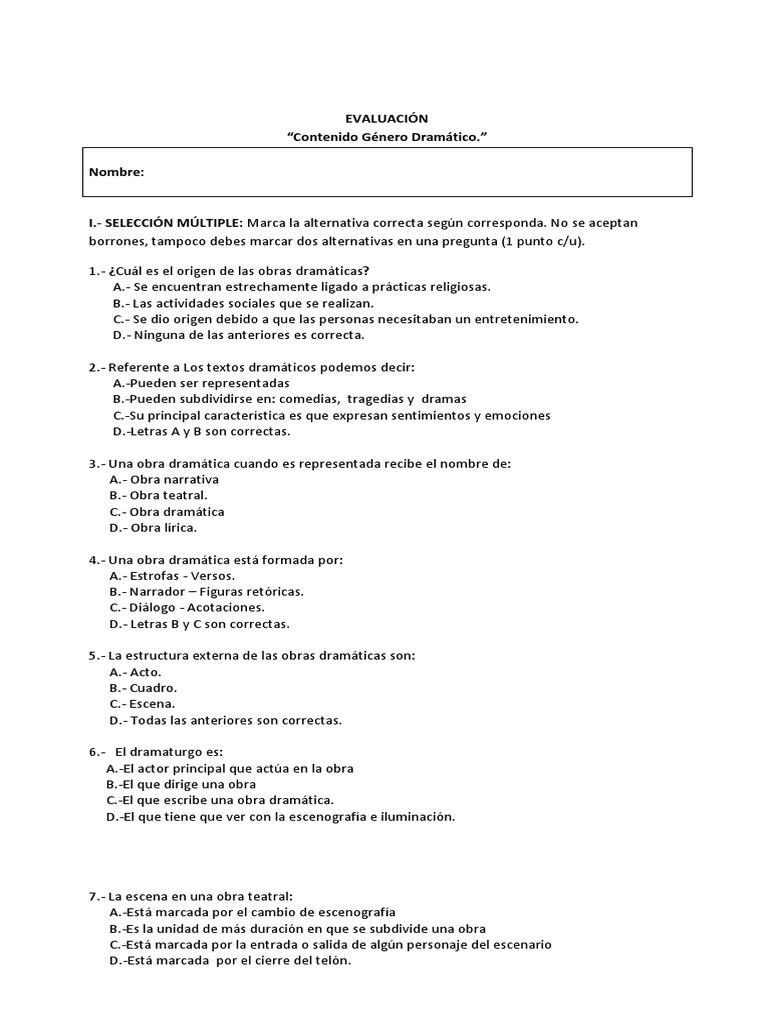 Prueba Género Dramatico | PDF | Teatro
