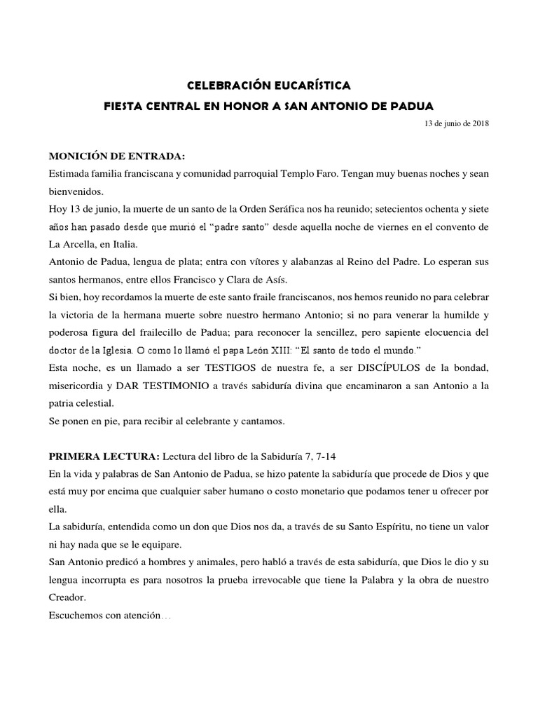 Monición Fiesta en Honor A San Antonio de Padua | PDF | Cristo (título ...