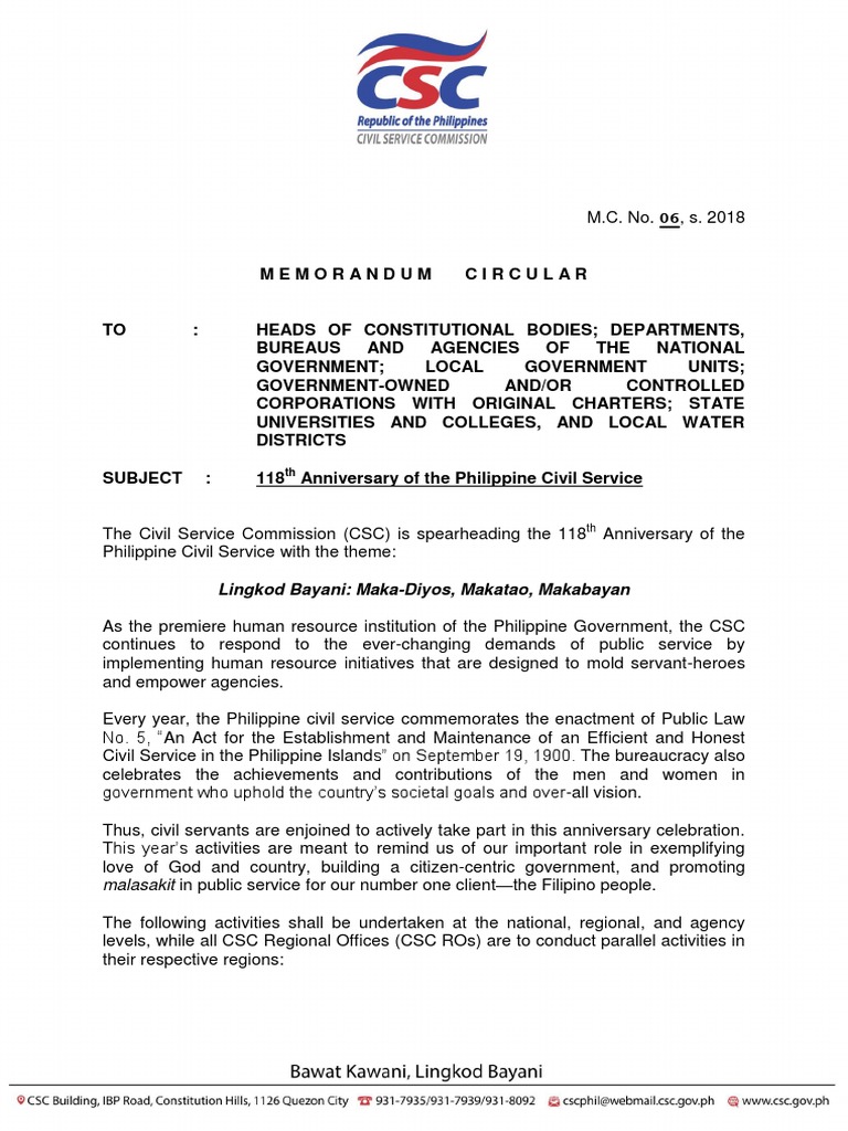 MC No. 06, s.2018 Pcsa MC | PDF | Civil Service | Philippines