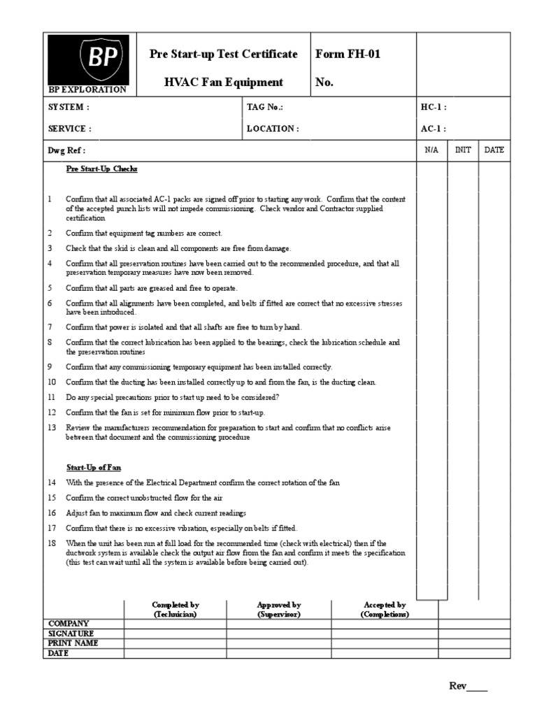 Pre Start-Up Test Certificate HVAC Fan Equipment Form FH-01 No | PDF ...