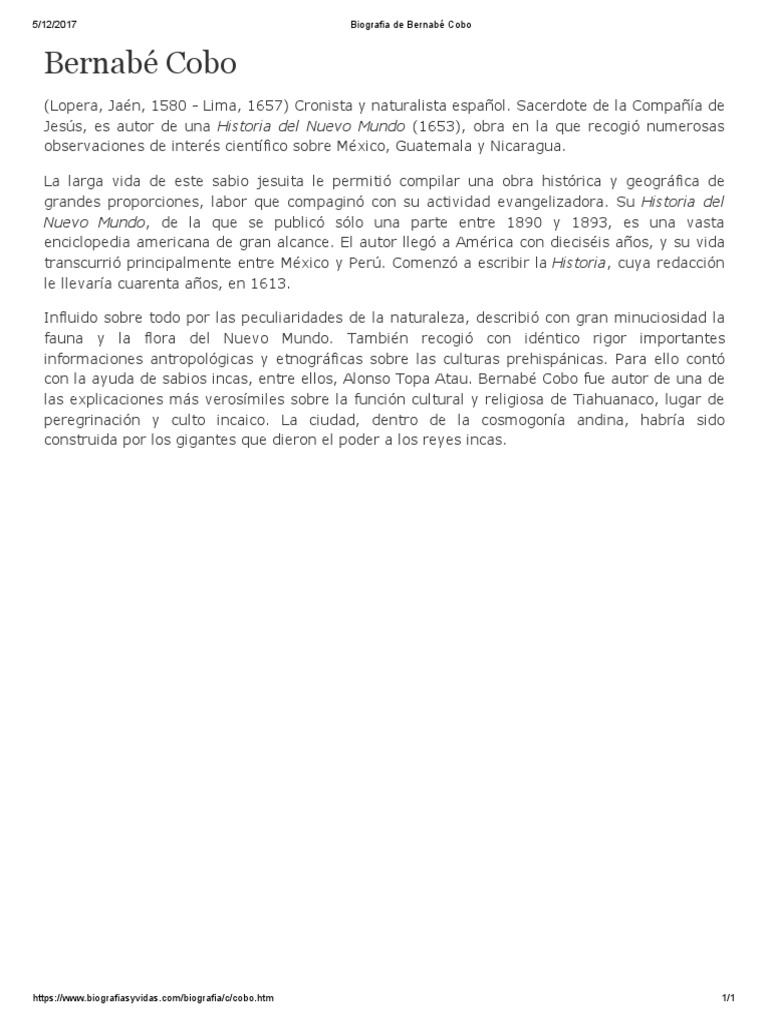 Biografia de Bernabé Cobo PDF | PDF