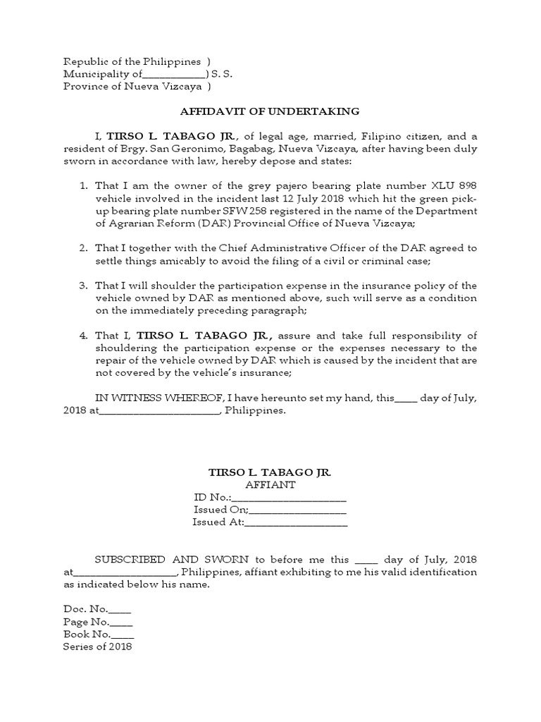 Affidavit of Undertaking | PDF | Affidavit | Common Law