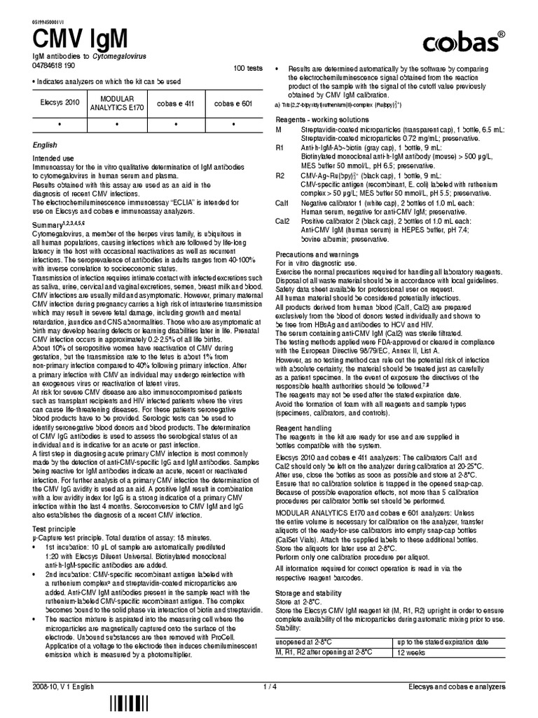 CMV Igm: Igm Antibodies To Cytomegalovirus 04784618 190 100 Tests | PDF ...