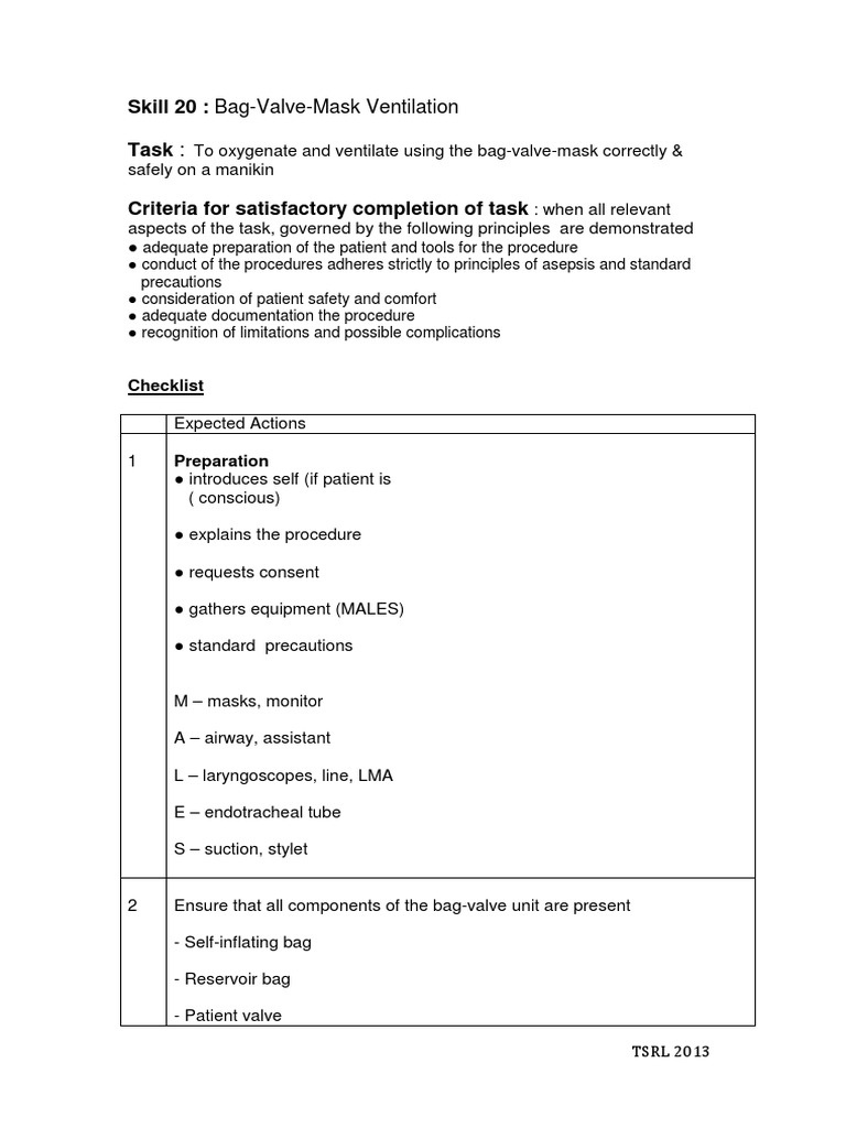 Skill 20: Bag-Valve-Mask Ventilation Task:: Checklist | PDF | Breathing ...